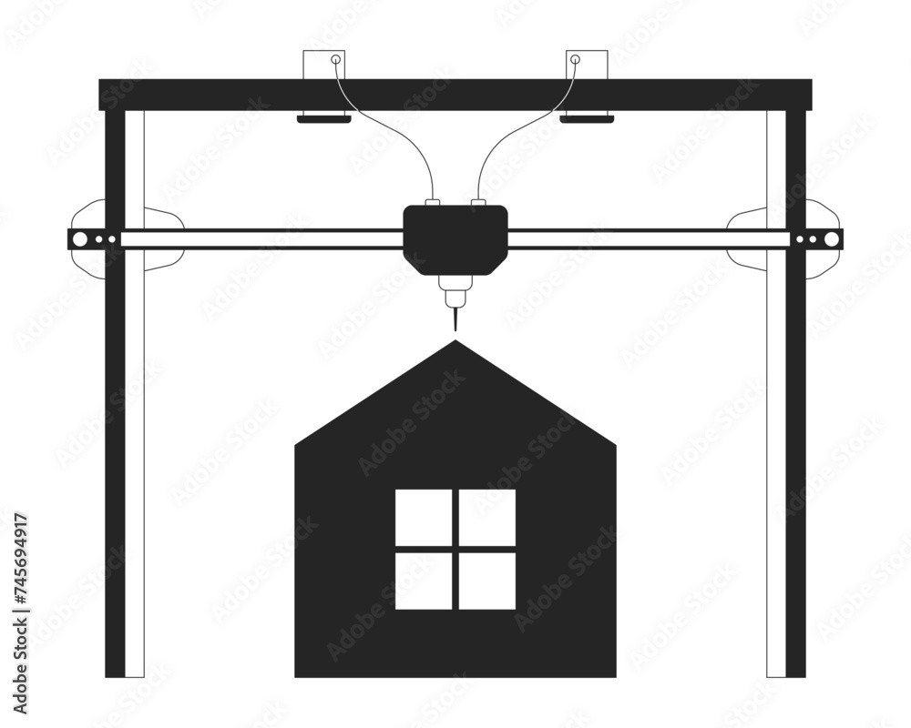 3D printing house black and white cartoon flat illustration. 3d printed ...