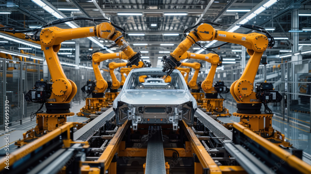 Automated robotics arms efficiently assembling a car on a production line, showcasing precision ...