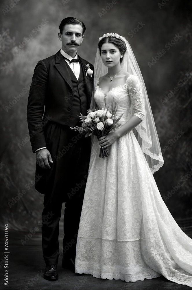 Young bride and groom in wedding attire, early 1900s vintage style ...