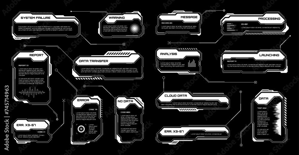 White futuristic HUD, UI elements. Sci-fi user interface text boxes ...