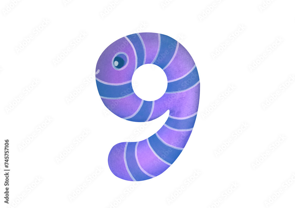 Watercolor number 9. digit nine, Figures with eyes that look like ...