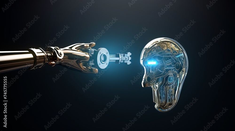 Idea unlocking technology concept with a robotic arm with a key and a ...