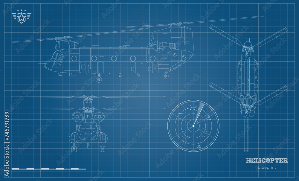 Military transport helicopter. Outline drawing of armed copter. Top ...