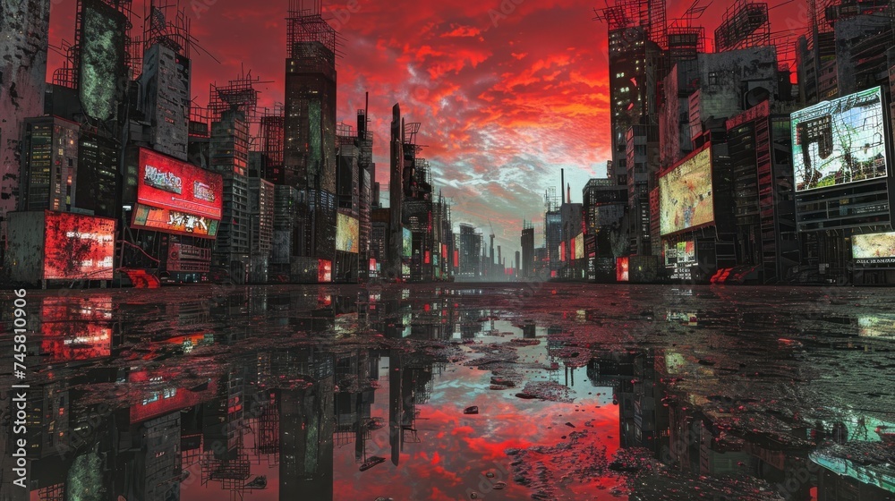 Dystopian cityscape under a crimson sky towering skyscrapers with neon ...