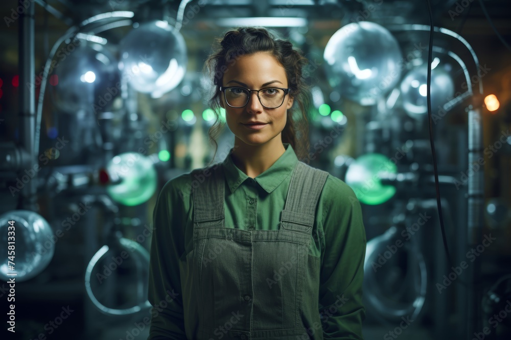 Portrait photograph of a female physicist in her late 30s, standing in ...