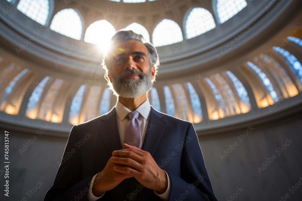 Thoughtful Bahá'í Faith leader engaging in interfaith dialogue inside a ...