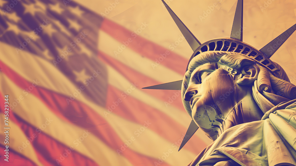 Statue of Liberty with American flag, iconic symbols of freedom and ...