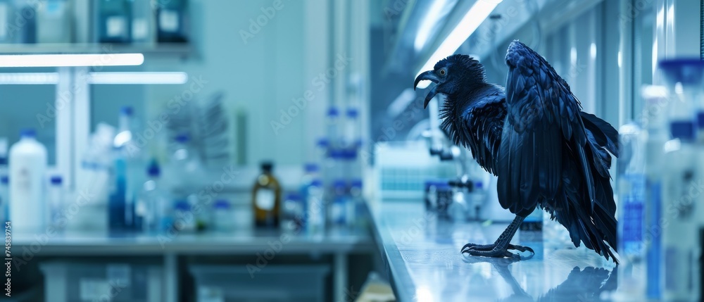 A crow in a harpy genomic sequencing lab, representing the fusion of ...