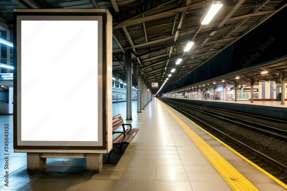 Night View of Train Station with Empty Advertising Billboard Mockup ...