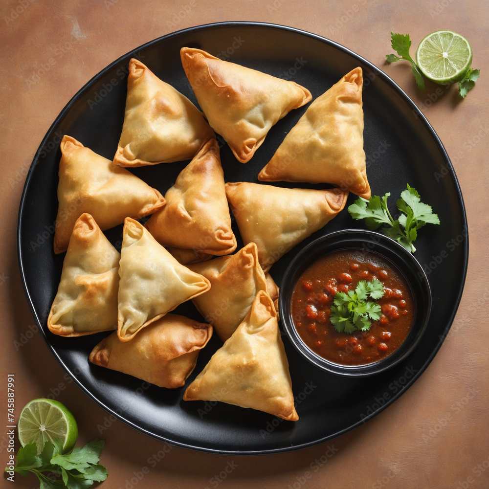 Indian samosas png on a black plate, delicious vegetarian samosa with ...