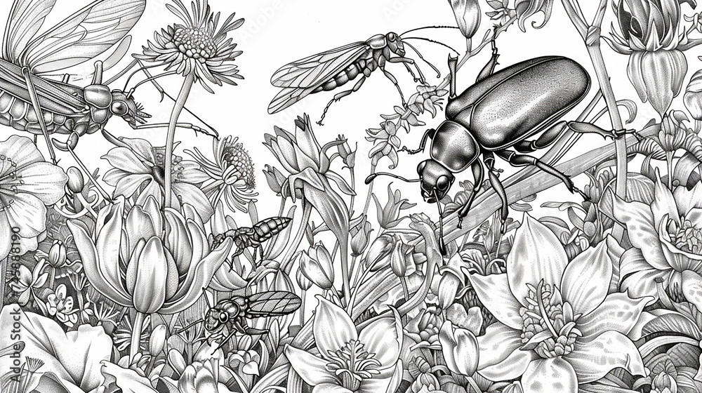 Insects like beetles, ants, and grasshoppers depicted in a detailed and ...