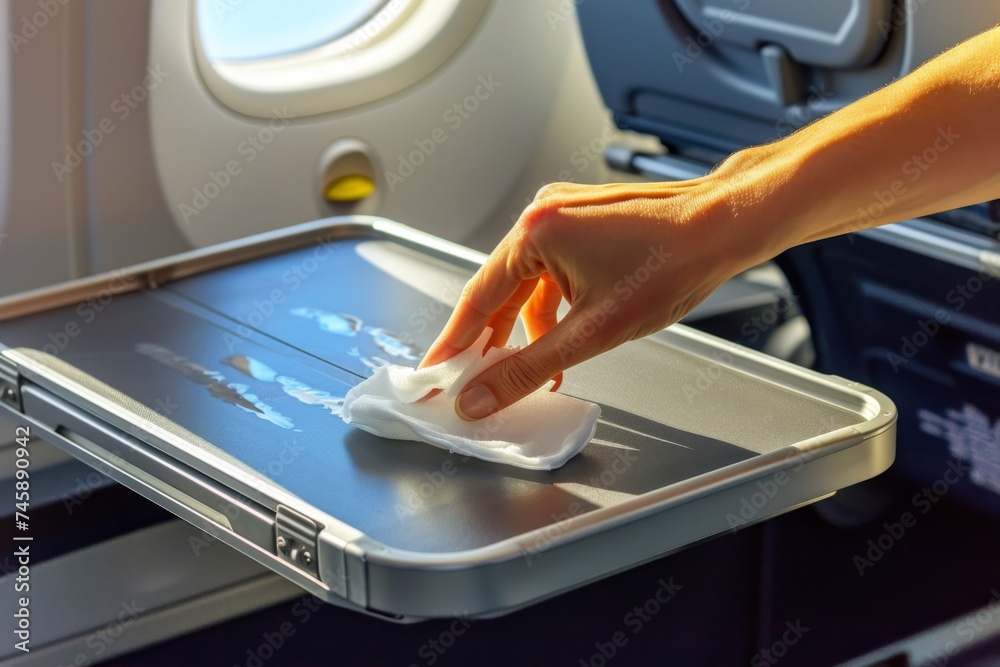 Hand cleaning airplane tray table with a wipe before flight departure ...