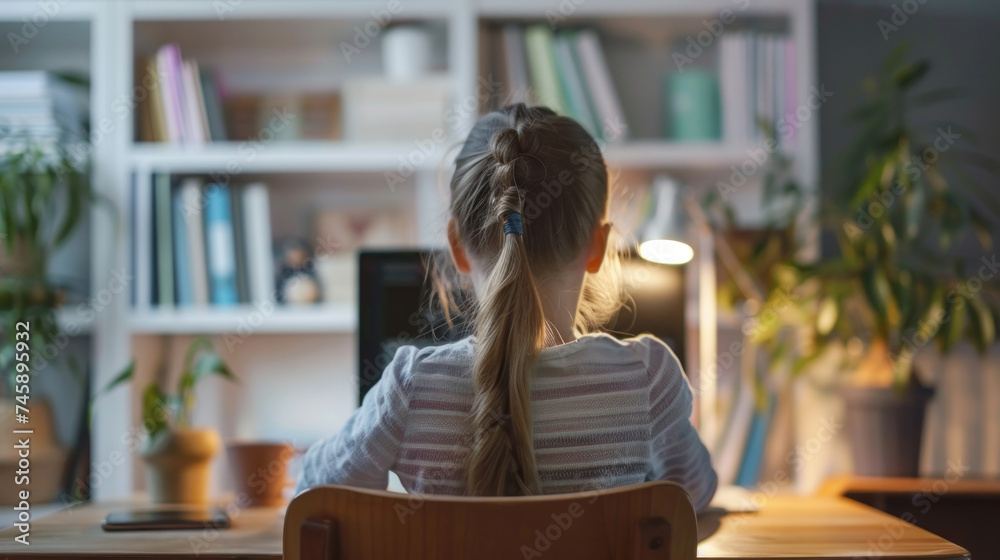 Homeschool concept. Back view of little young girl student learning ...