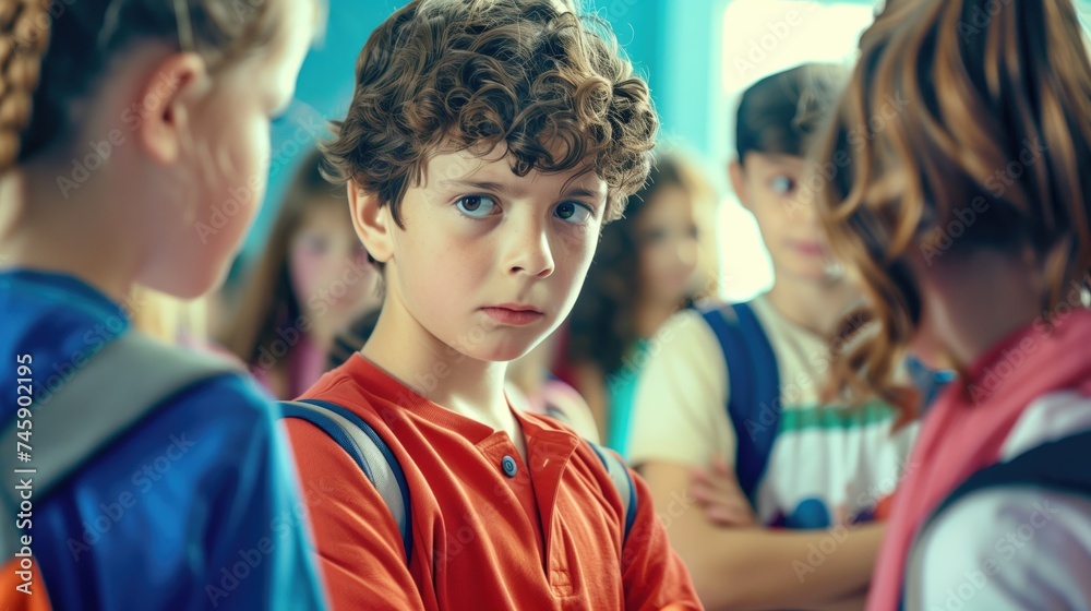 Sad boy in middle school experiencing children agression at school as ...