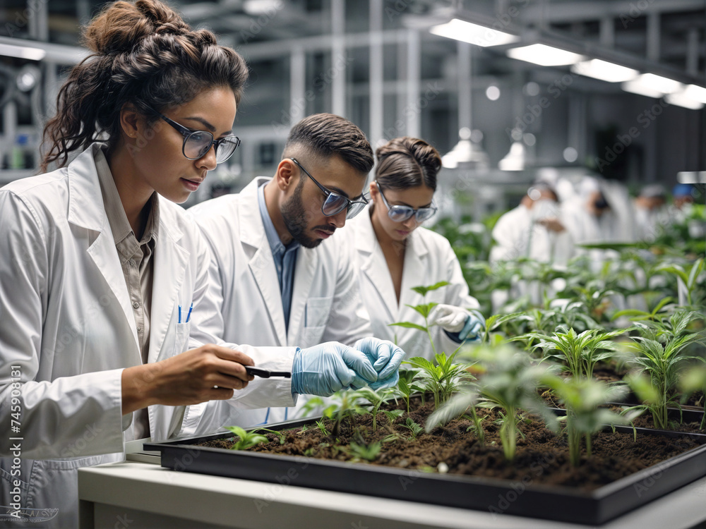 Scientists studying plants in laboratory. Afroamerican woman checking ...