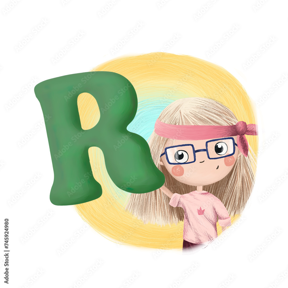 Cute little girl with letter R. Colorful cartoon graphics. Learn ...