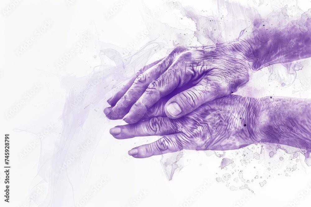 Image of elderly hands touching in purple watercolor, in the style of ...