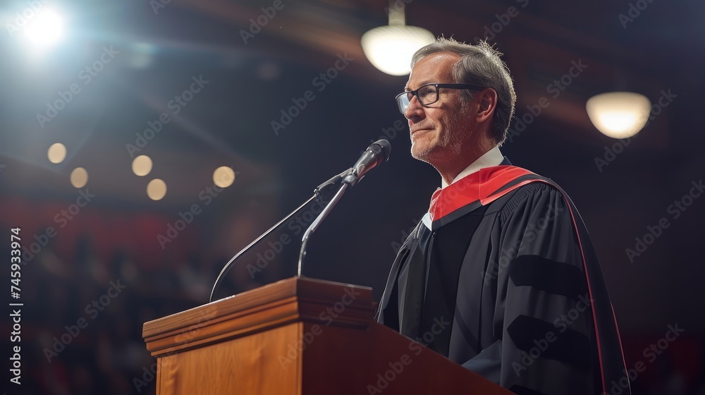 Confident University Dean Delivering Inspiring Commencement Speech at ...