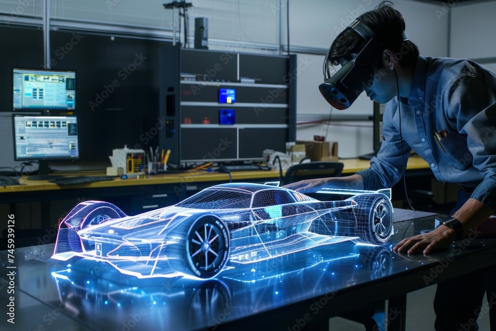 Automotive engineer using augmented reality to interact with a 3D car ...