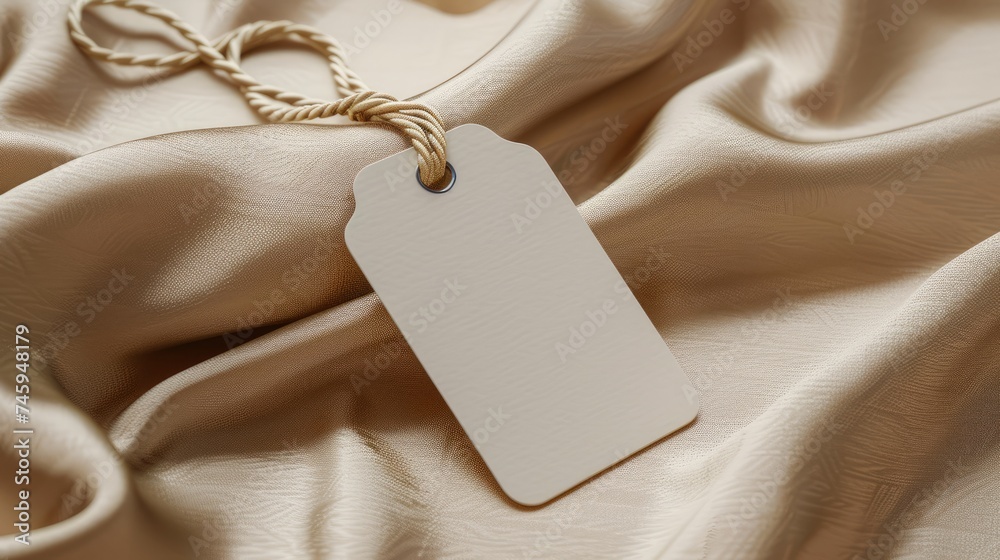 White clothing tag on beige fabric background, blank label mockup ...