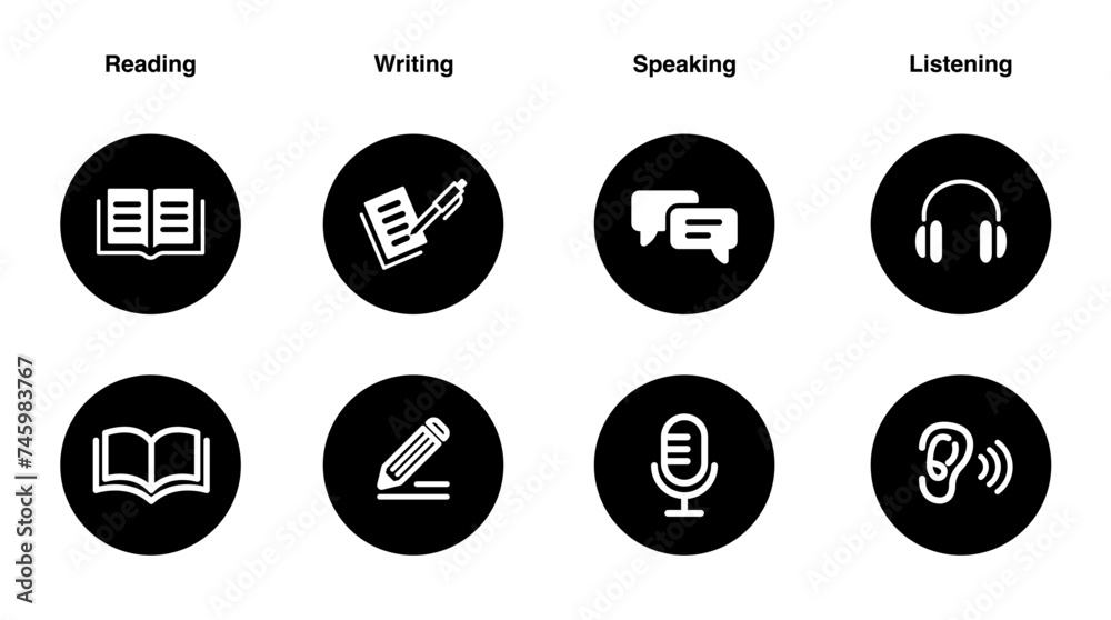 Language skill icon set speaking listening reading writing education ...