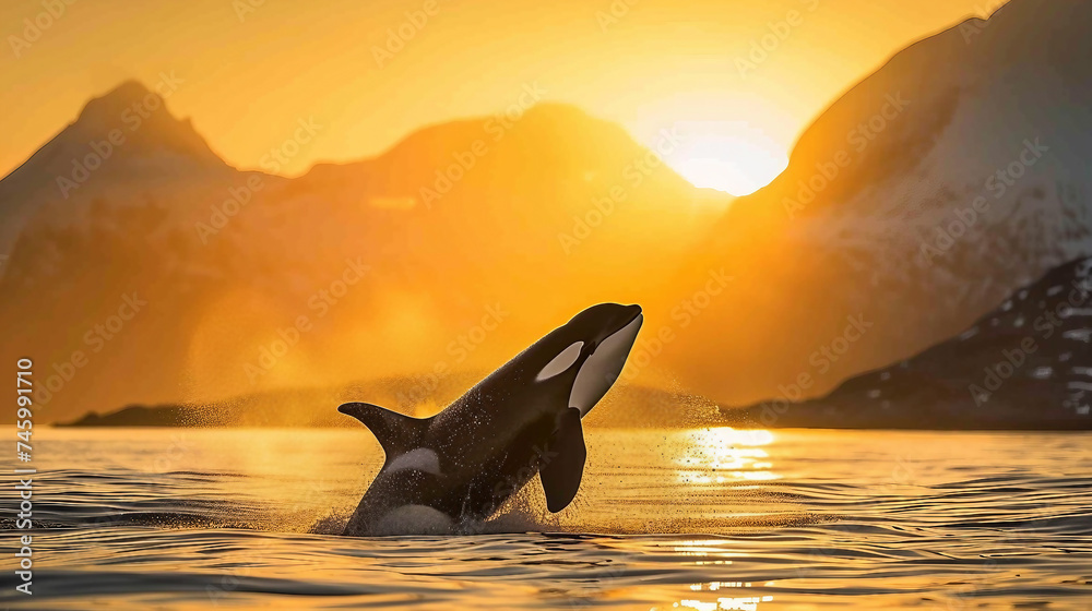 Orca whale breaching with mountains in the background during golden ...