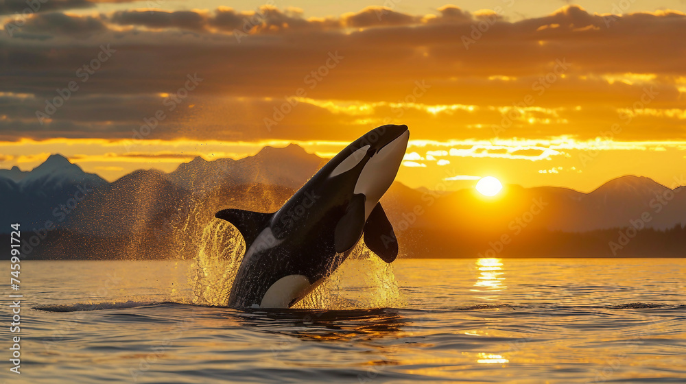 Orca whale breaching with mountains in the background during golden ...