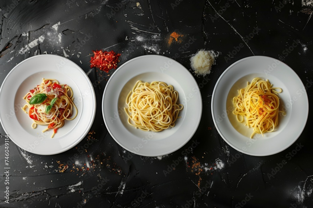Overhead view of diverse pasta dishes - A top-down photo featuring ...
