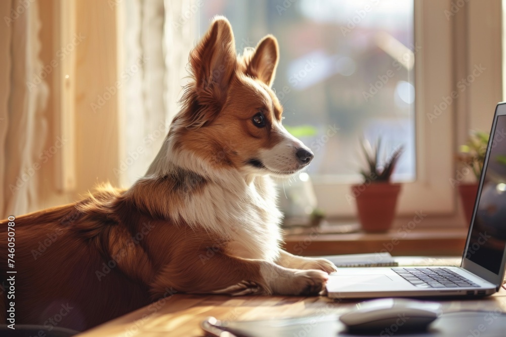 Stock-Illustration „Focused Corgi dog working on a laptop - A cute ...