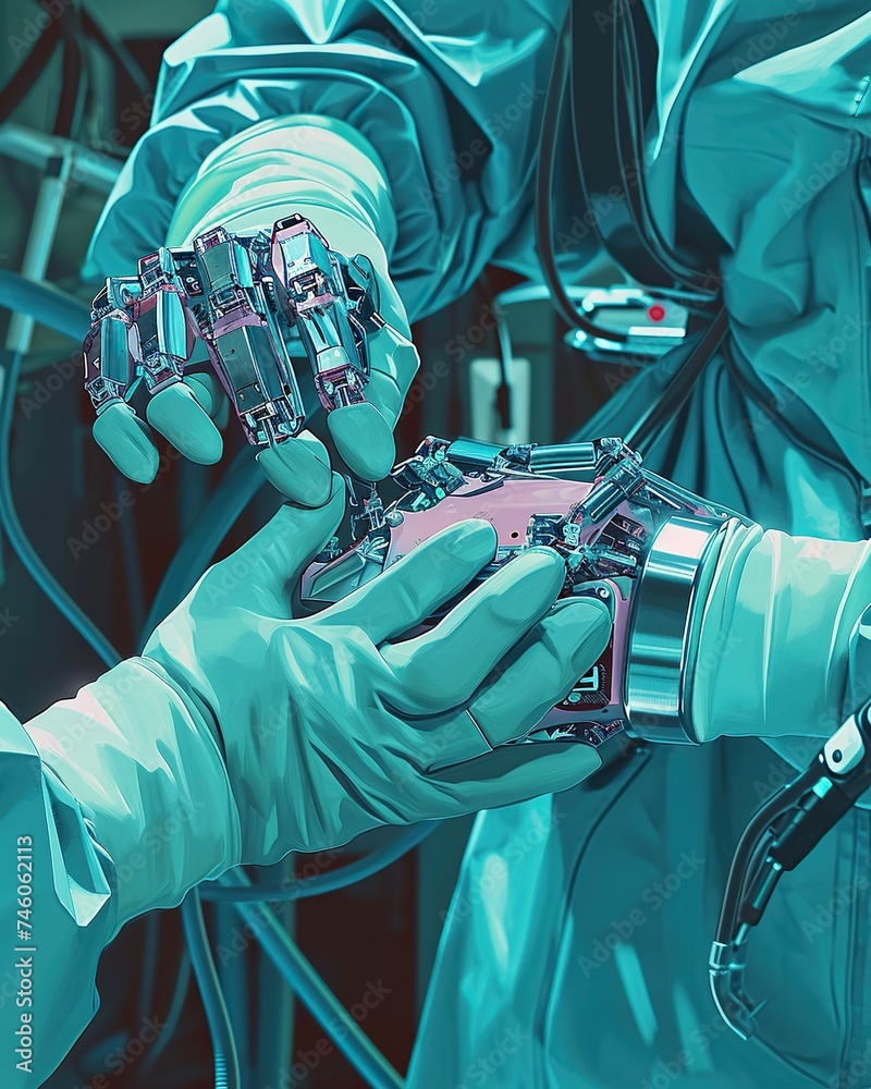 A close-up of a surgeon's hands skillfully manipulating robotic surgical instruments ...