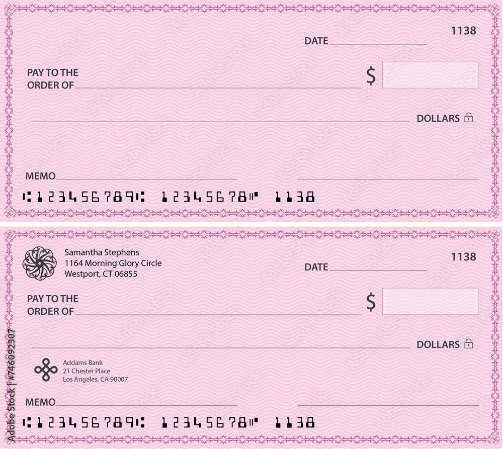 Blank template of the bank check. Checkbook cheque page with empty ...