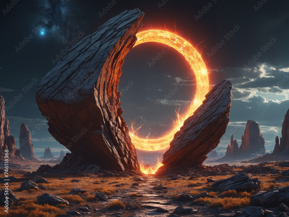 Gateway to adventure: an impressive rock structure with a radiant fire ...