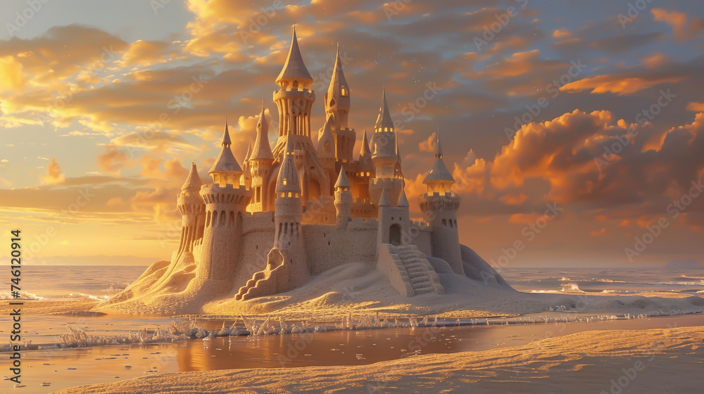 An exquisite and magnificent sand castle on a pristine beach at sunset ...
