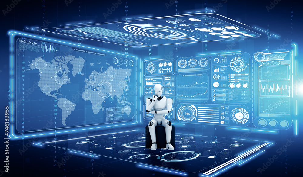 XAI 3d illustration Thinking AI humanoid robot analyzing hologram ...