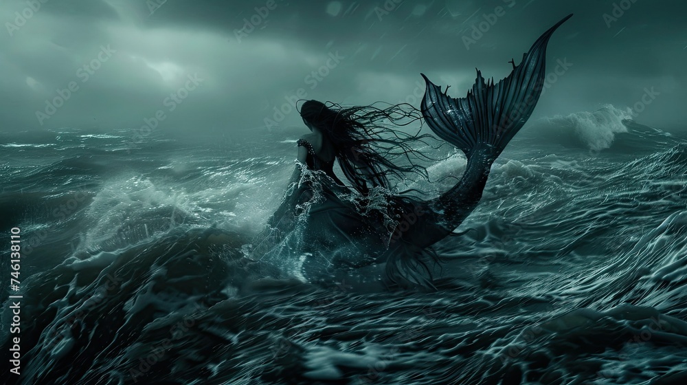Sinister devil mermaid weaving through a whimsically eerie ocean, dark ...