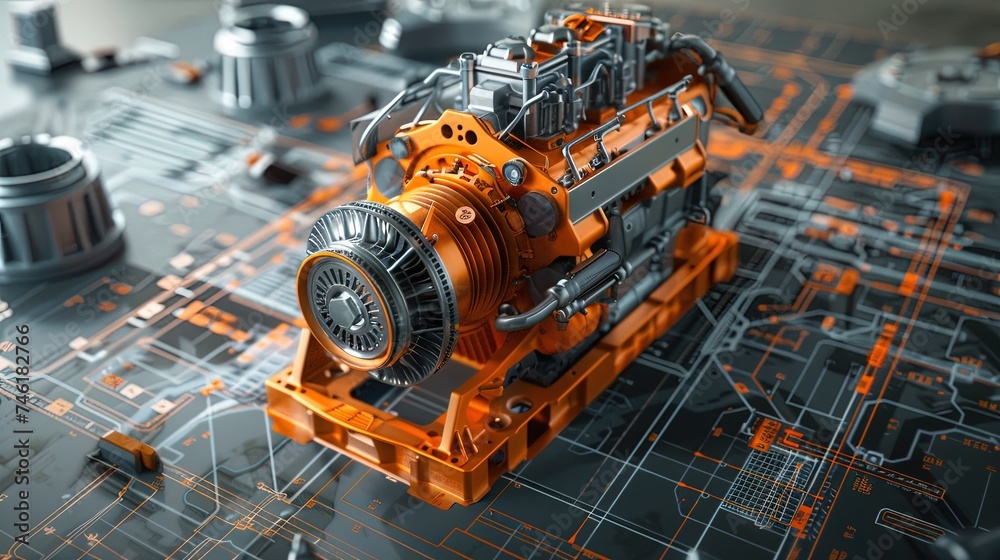 Engine 3D model on top of engineering schematics - automotive ...