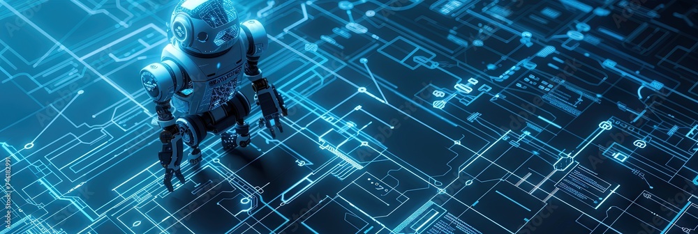 Engineering schematics of mech robot with 3D model of robot Stock ...