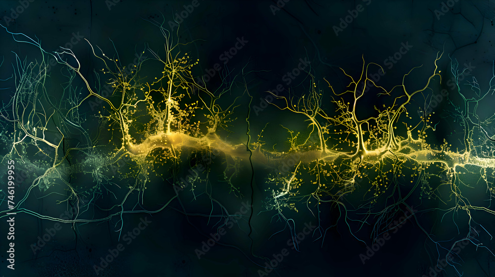 Illustration of inside a neuron with long stretching dendrites and a ...