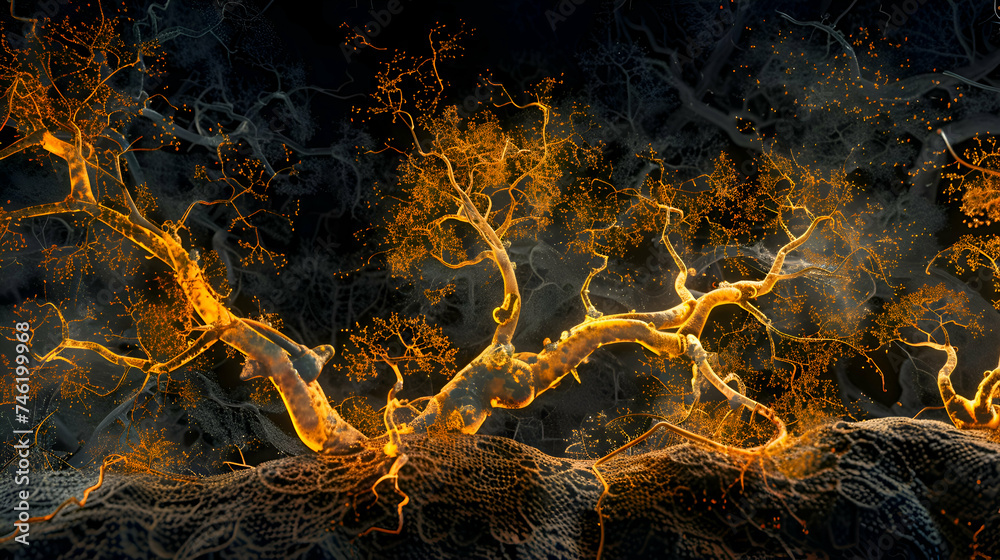 Illustration of inside a neuron with long stretching dendrites and a ...