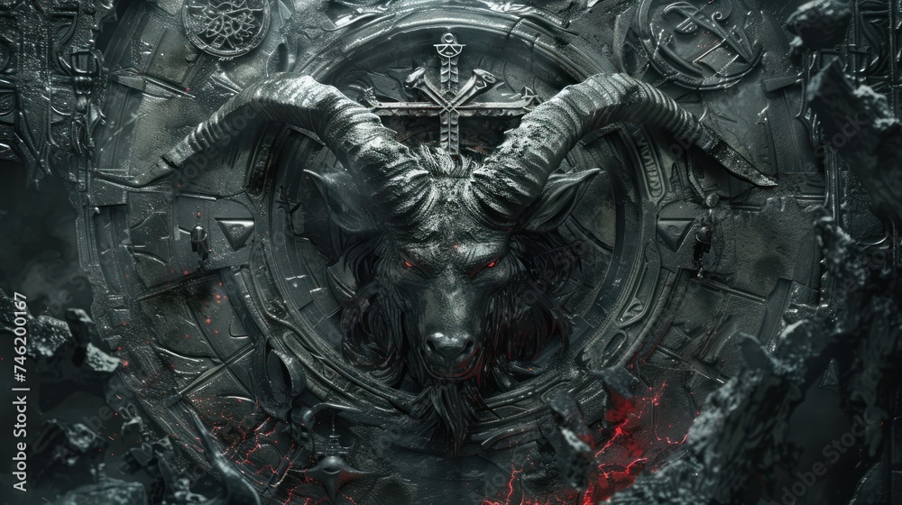 Detailed artwork of baphomet surrounded by enigmatic symbols and ...