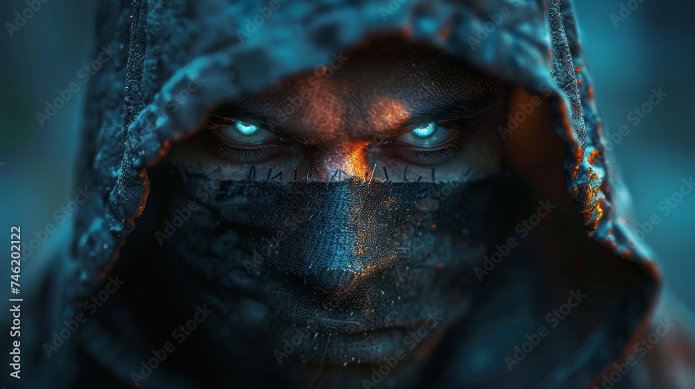 Anonymous hacker, cloaked in shadows, eyes glowing from screen light ...