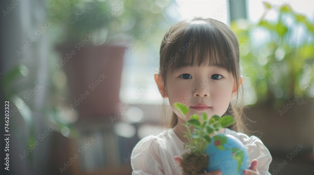 Blurred of little girl is holding plant and globe model together, concept of ESG, environment ...