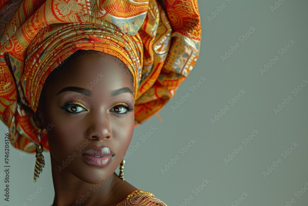 A woman in an elaborate Nigerian gele and traditional attire poses in a ...