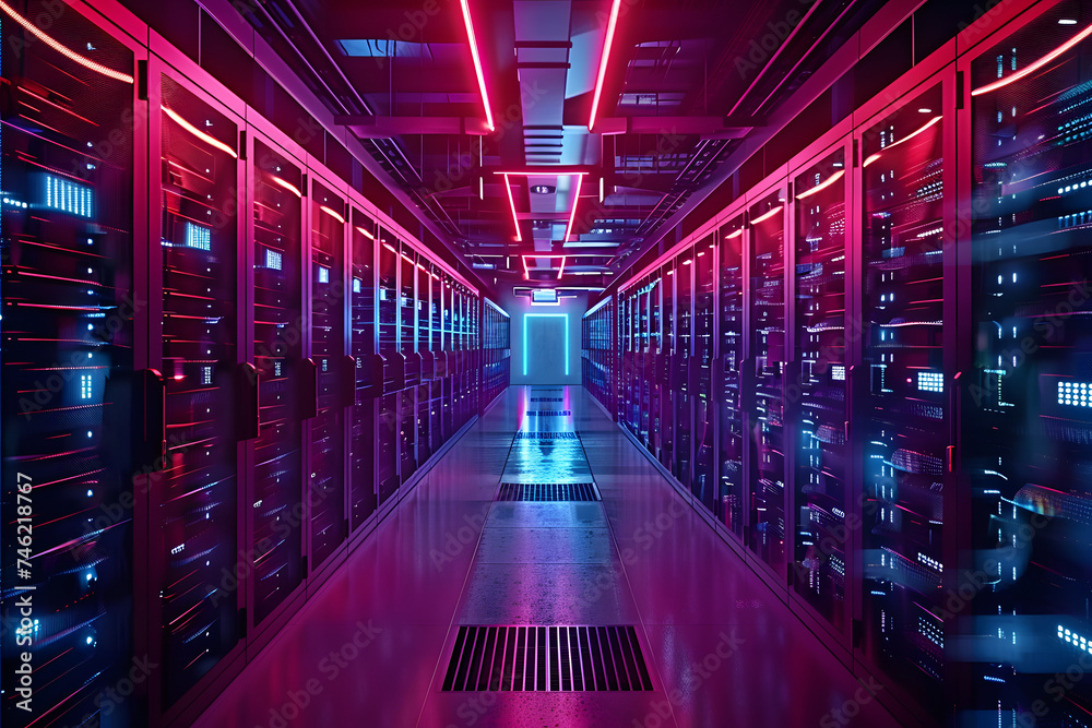 Modern Data Technology Center Server Racks In Dark Room With Vfx Visualization Concept Of