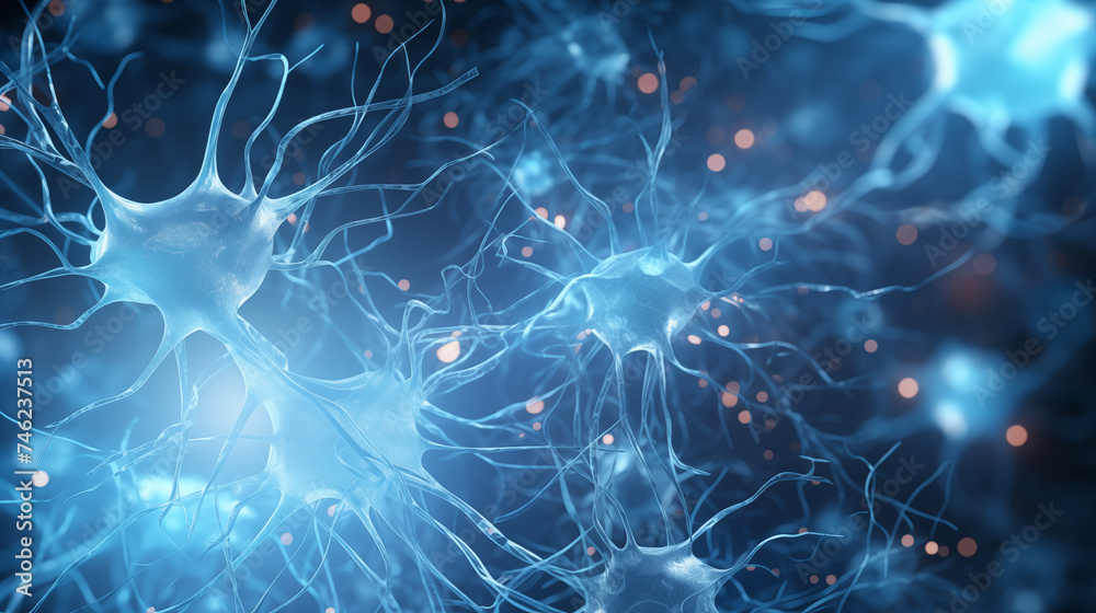 Conceptual illustration of neuron cells with glowing link knots. Blue green Neurons in brain on ...