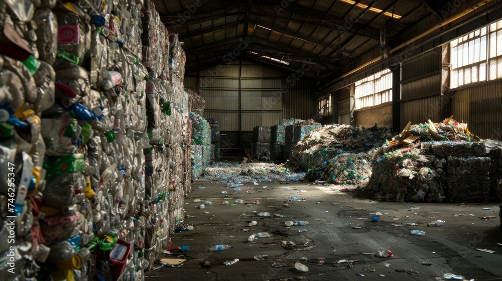 In the composting area large piles of biodegradable plastic products ...