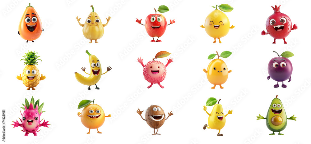 Collection of colorful cartoon fruit characters with cheerful ...