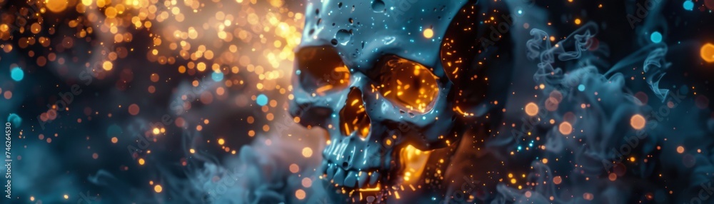 A dark, enigmatic close-up of a 3D explosion against a sci-fi skull ...