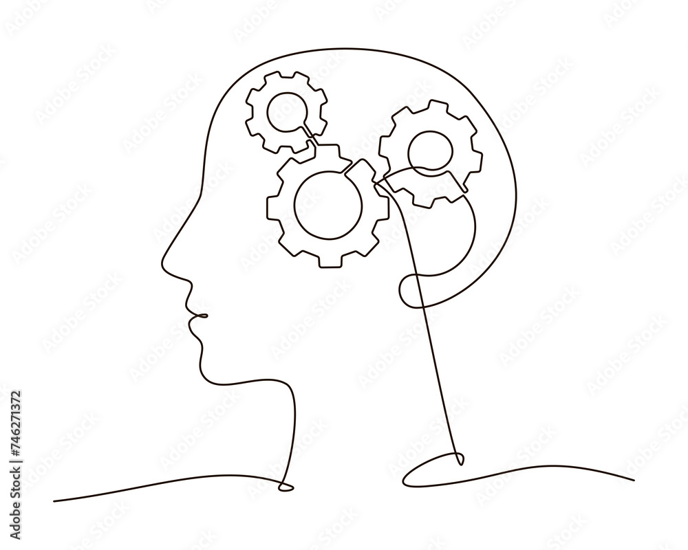 Continuous one line drawing human head with gears inside. Outline ...