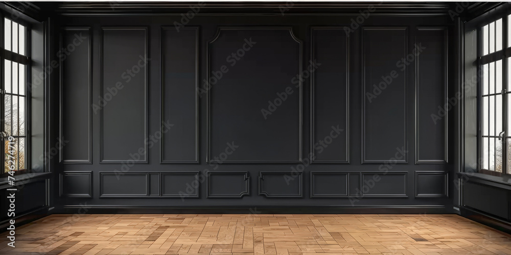 empty room with black wood wall panels background with wooden floor ...
